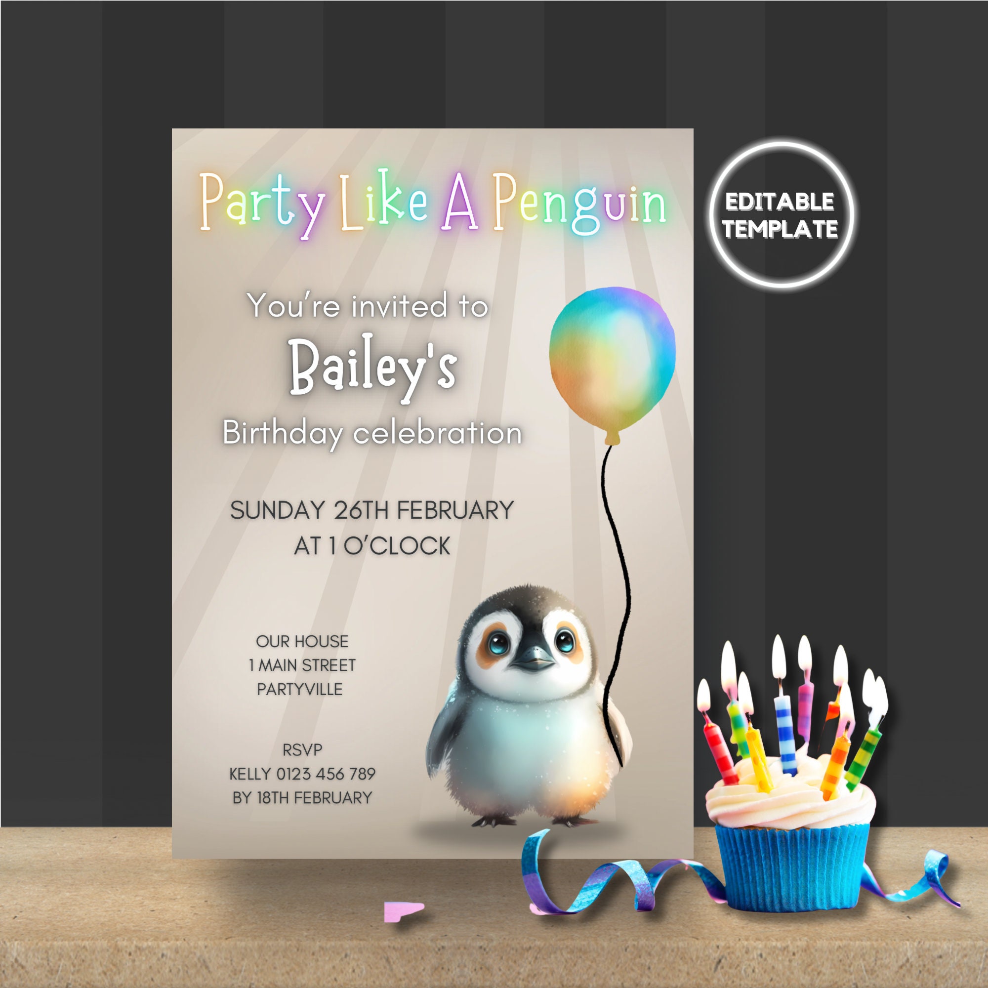 Editable Party Penguin Invitation Template, Penguin Birthday Invitation ...