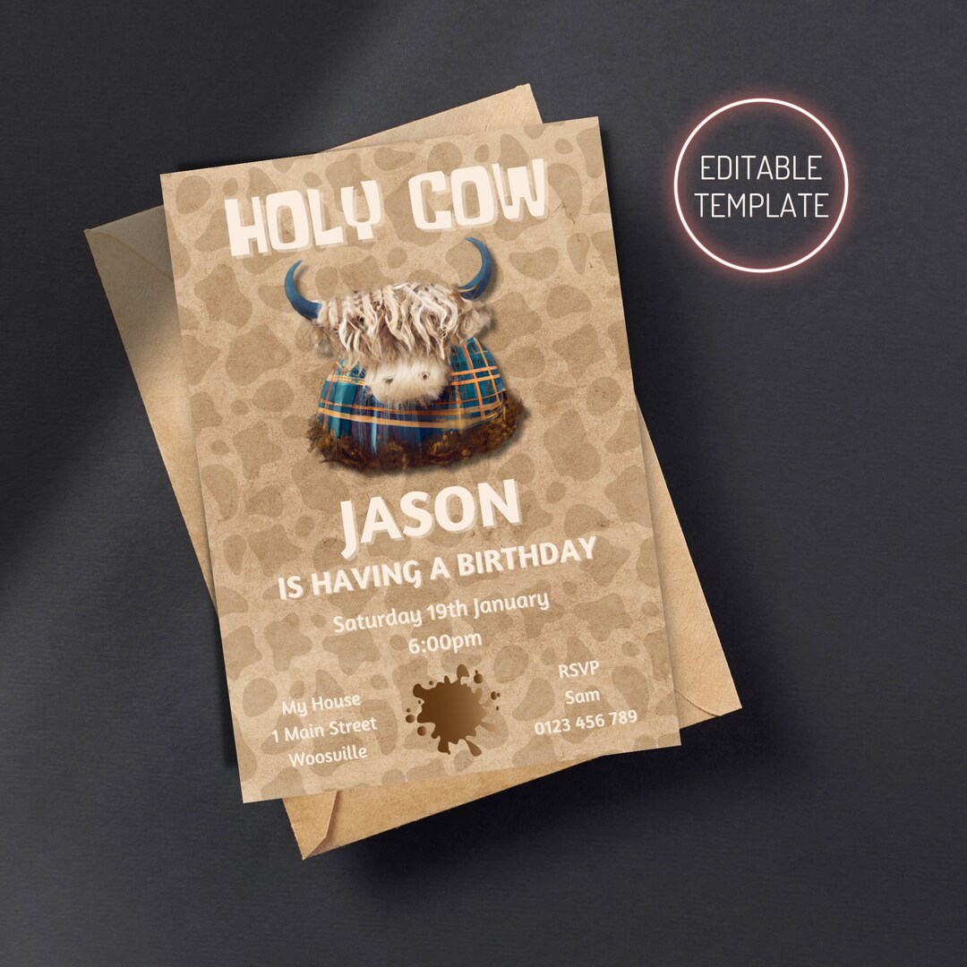 Editable Holy Cow Invitation Template, Cow Birthday Invitation, Cow ...