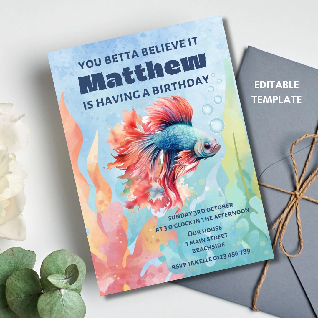 Editable Betta Fish Invitation Template, Fish Birthday Invitation, Fish ...