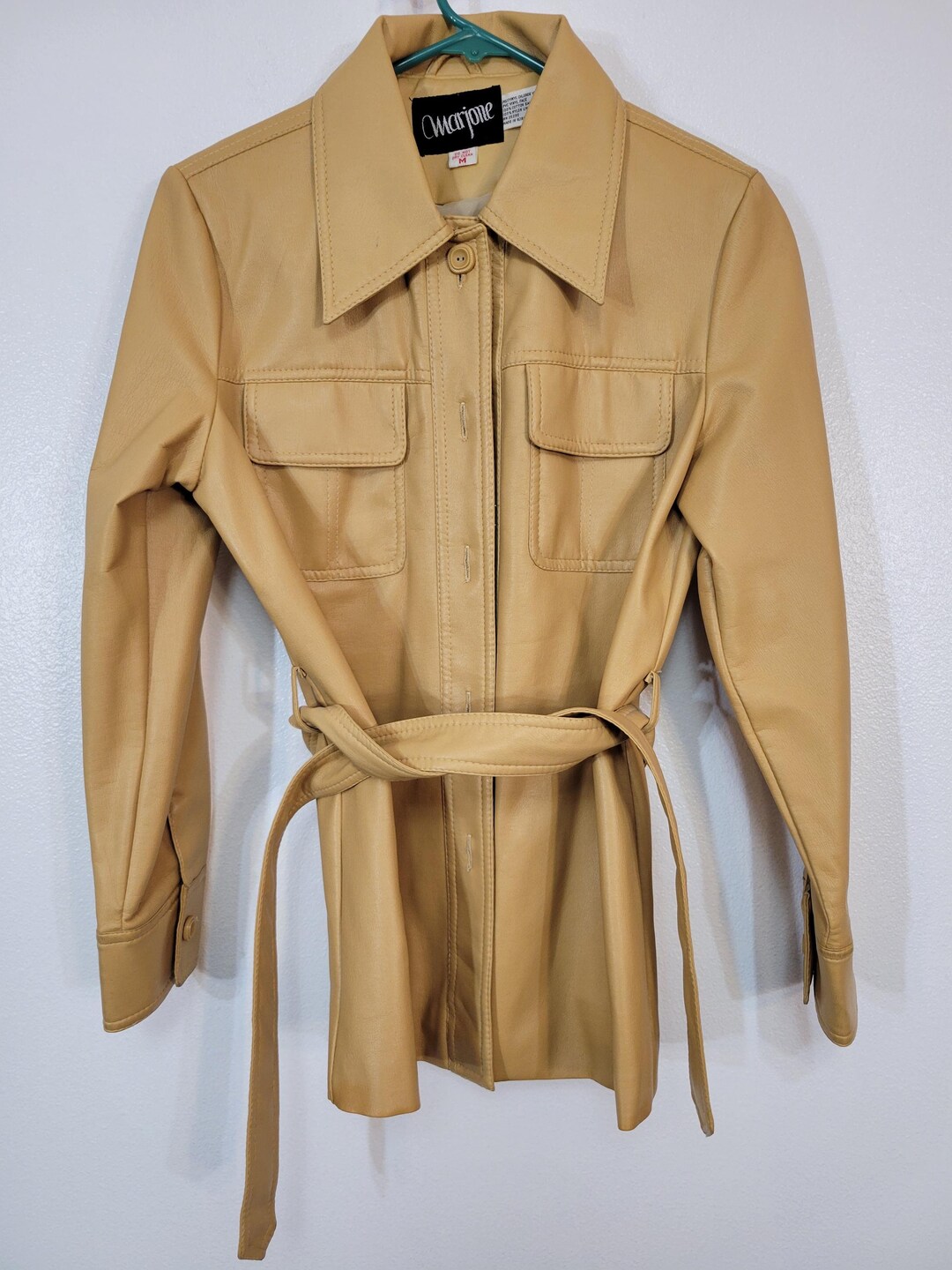 Vintage 1970s Marjone Tan Pleather PVC Belted Trench Coat Women's M Big ...