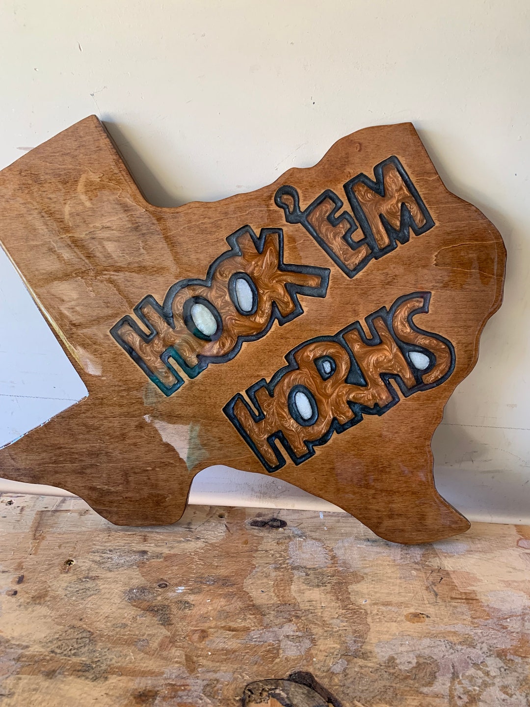 Texas Longhorns Hook’em Horns Logo Made of Epoxy on Wood Stained Texas With Clear Epoxy Flood ...