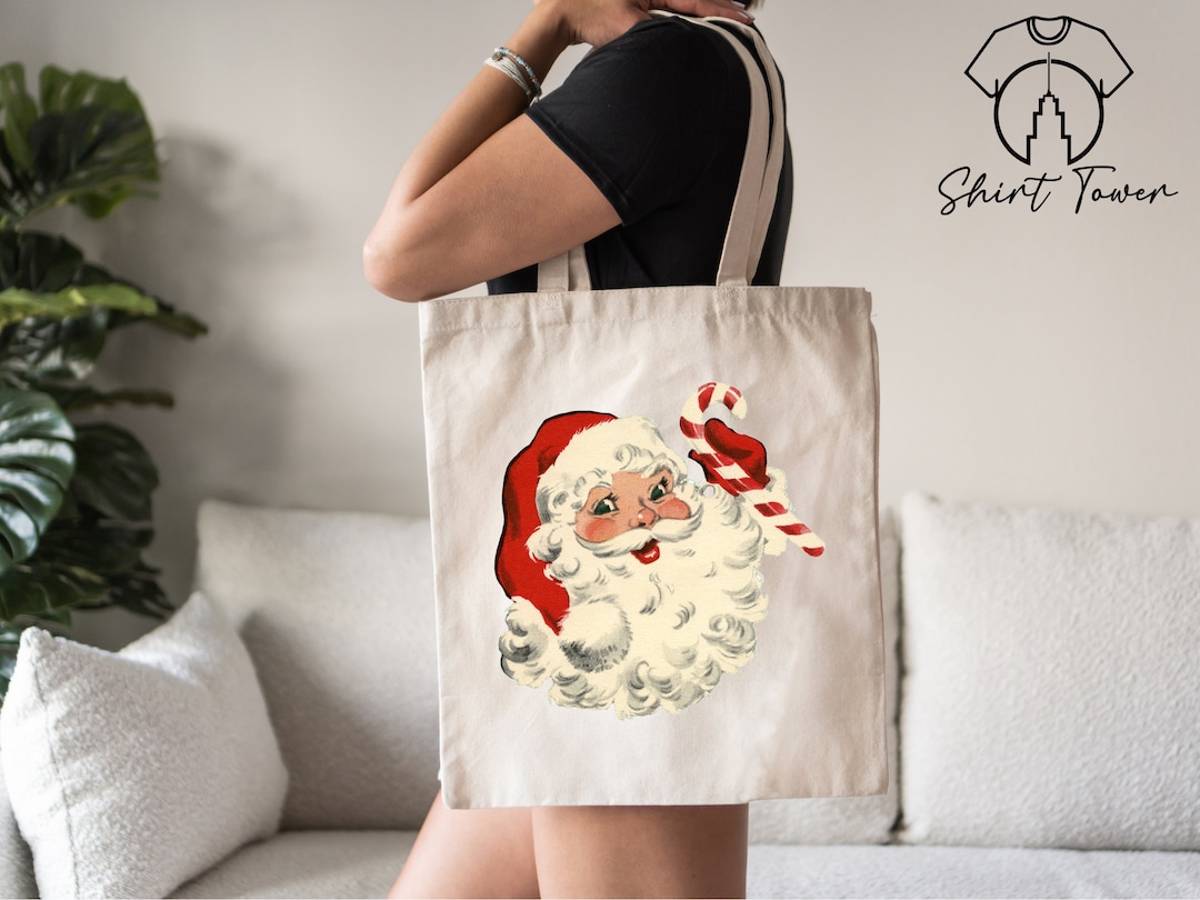 Santa Tote Bag, Christmas Tote Bag, Vintage Santa Tote, Canvas Tote Bag ...