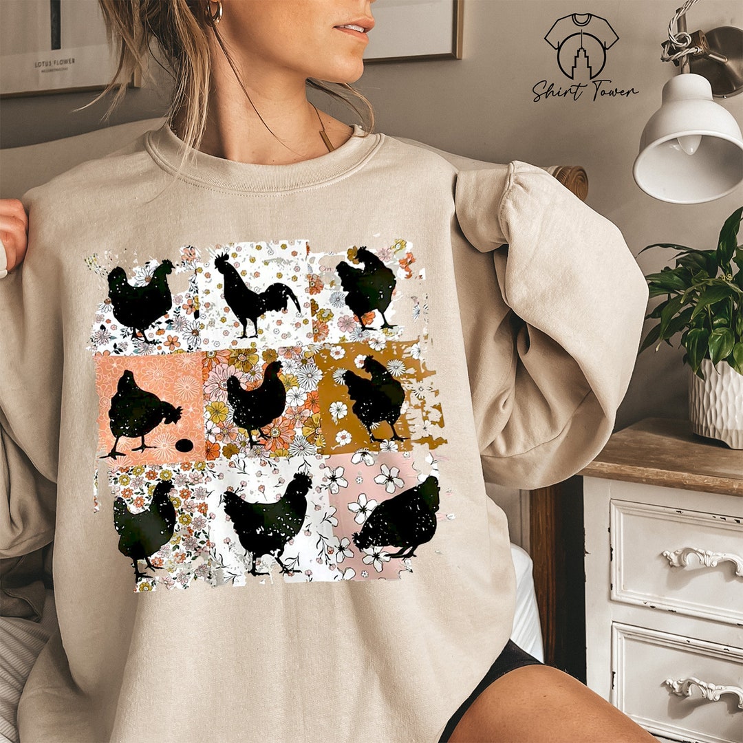Retro Chicken Sweatshirt, Floral Chicken Sweatshirt, Ladies Chicken ...