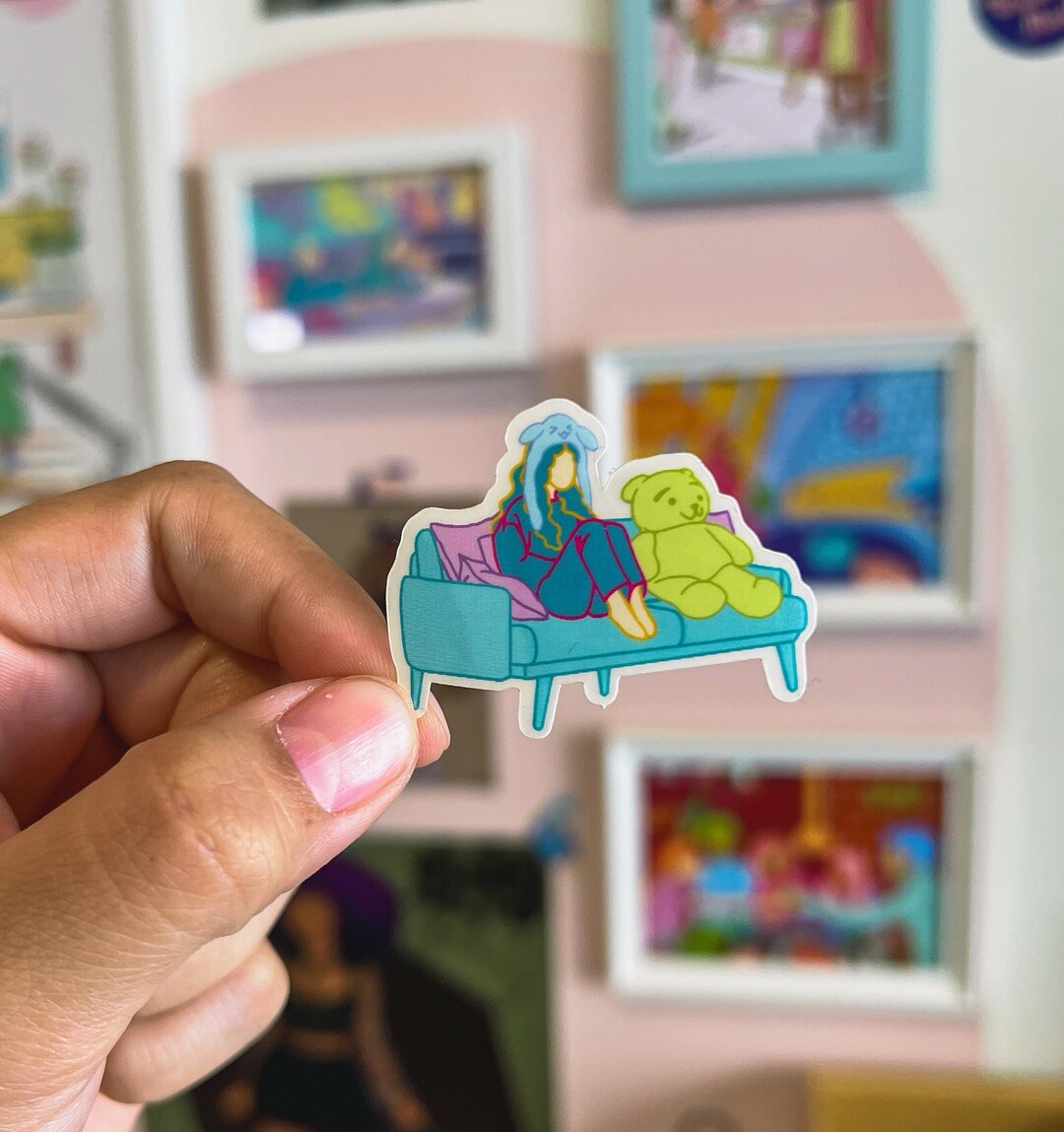 Cozy Chic Sofa Sticker 1.5x1.9 Woman in Blue Sweatsuit & Cute Hat Cozy ...