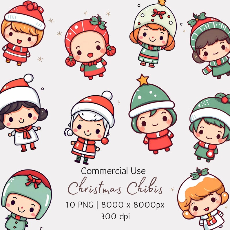 Cute Christmas Chibi Clipart PNG Pack of 10 Christmas Graphics ...