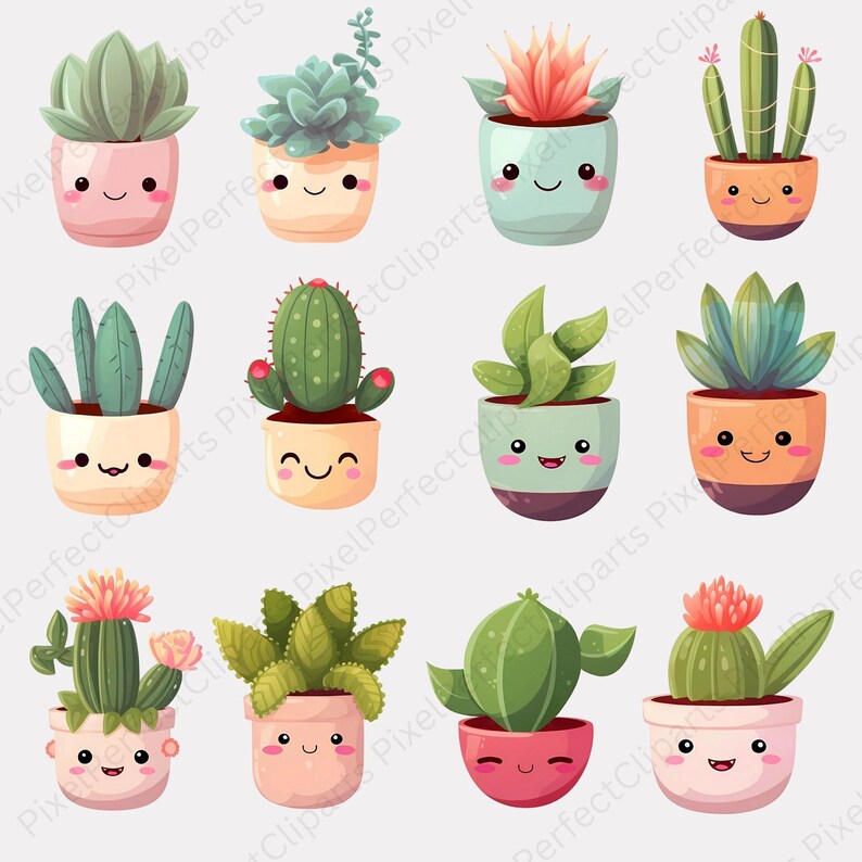Cute Kawaii Cactus Plant Clipart PNG Pack of 40 Transparent Background ...