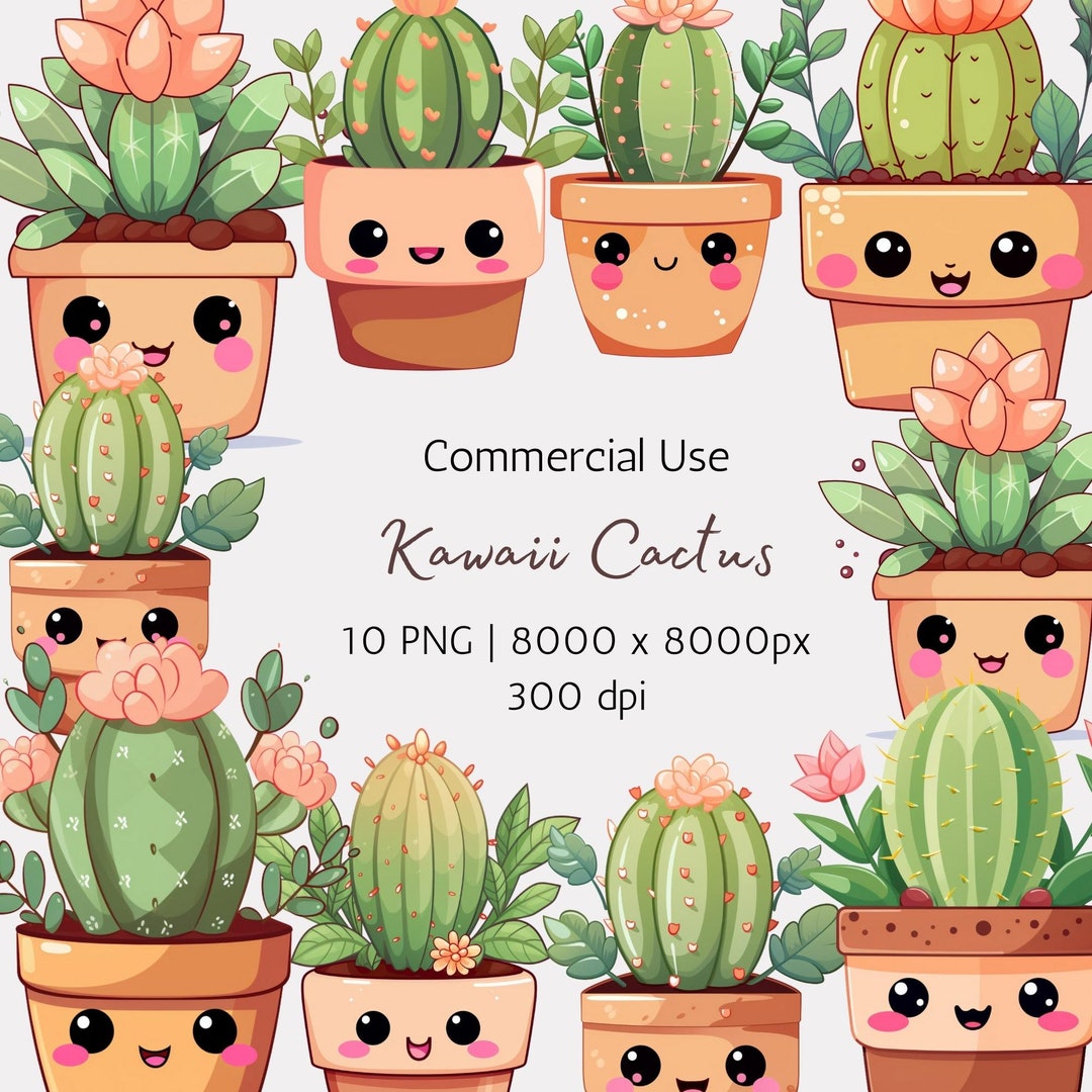 Cute Cactus Clipart PNG Pack of 10 Transparent Background Digital ...