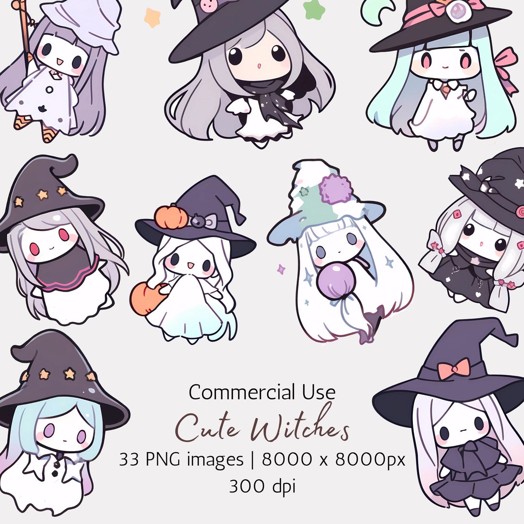 Chibi Witches Halloween Clipart Instant Download, Perfect for Halloween ...