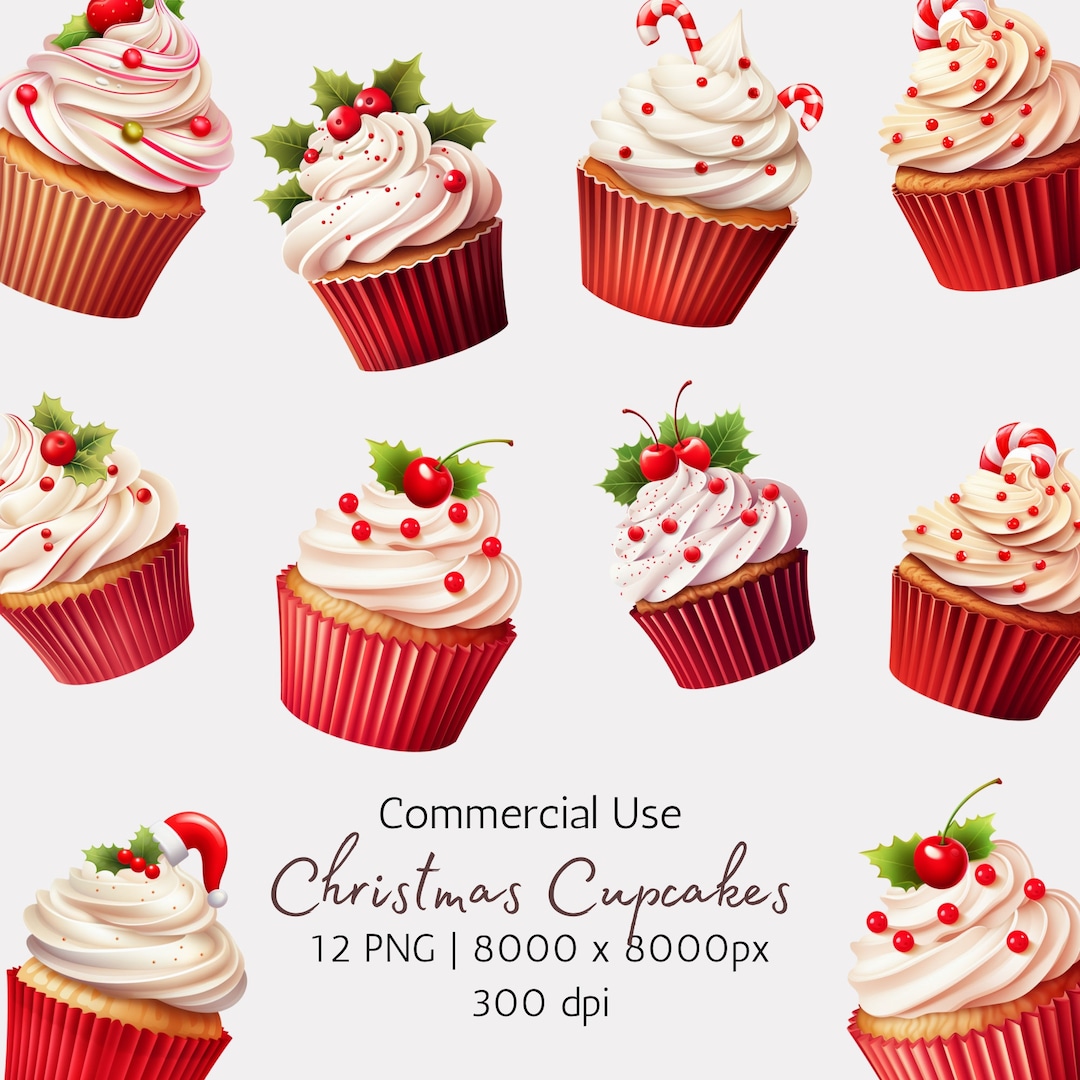 Christmas Cupcake Clipart PNG Pack of 12 Christmas Graphics Digital ...