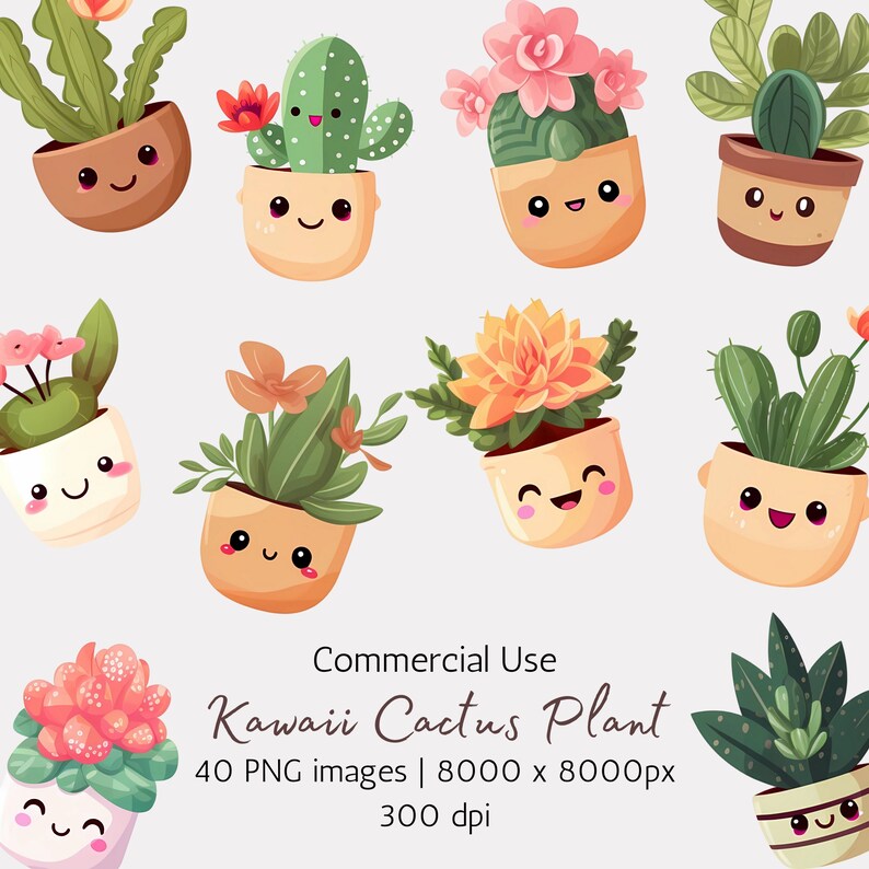 Cute Kawaii Cactus Plant Clipart PNG Pack of 40 Transparent Background ...