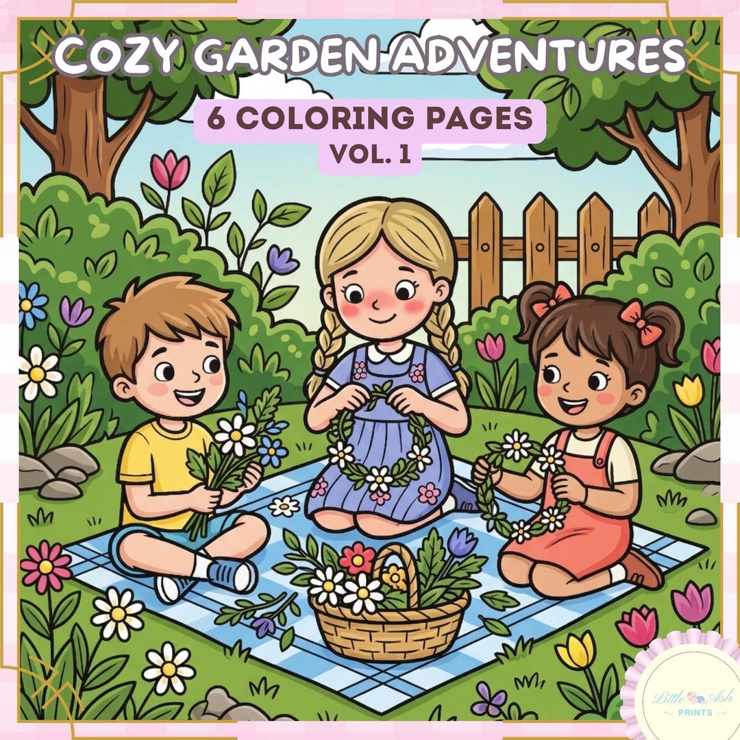 Cozy Garden Adventure Coloring Page | Cute Kids Garden Scene Printable ...