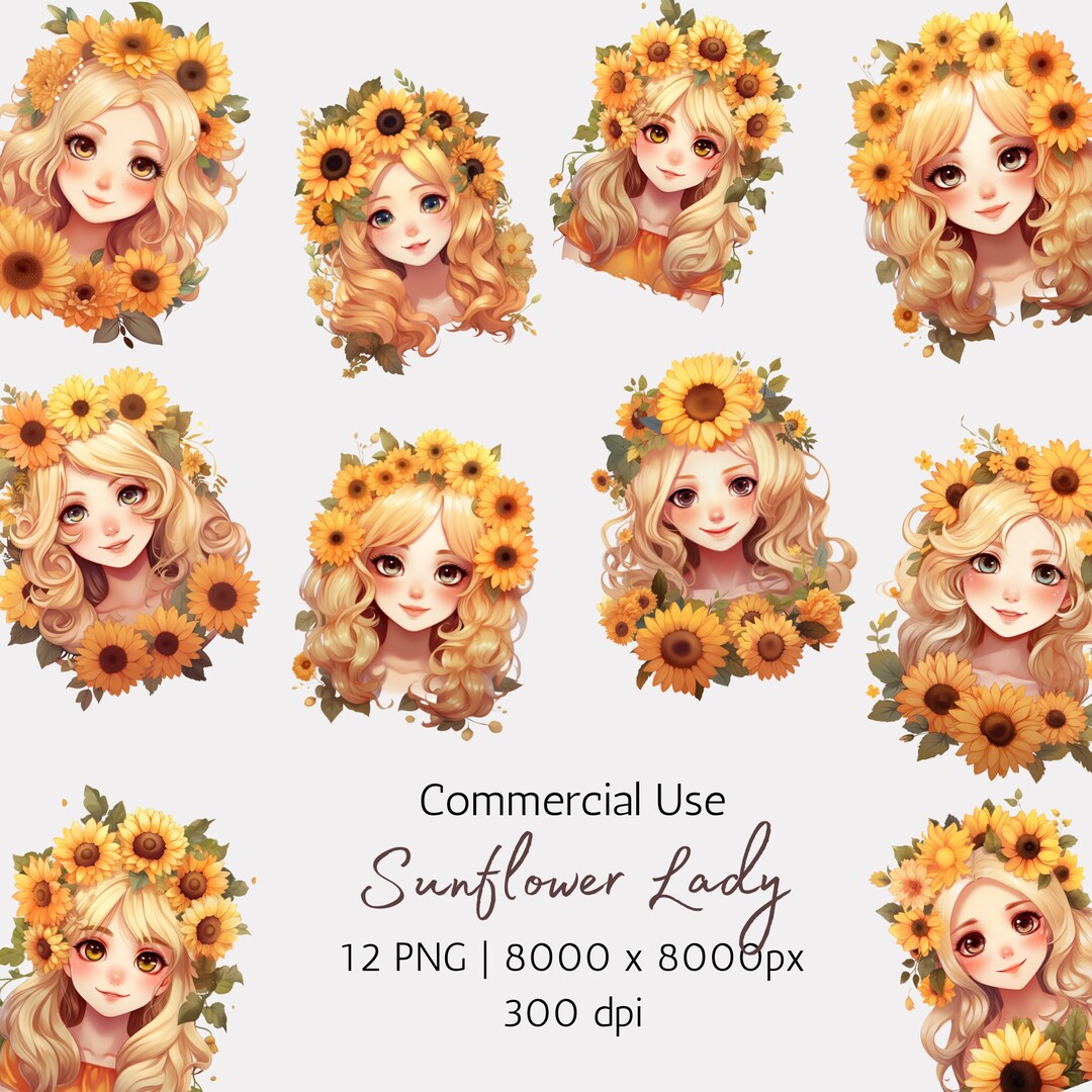 Sunflower Lady Clipart PNG Pack of 12 Transparent Background, Digital Stickers, Digital Download ...