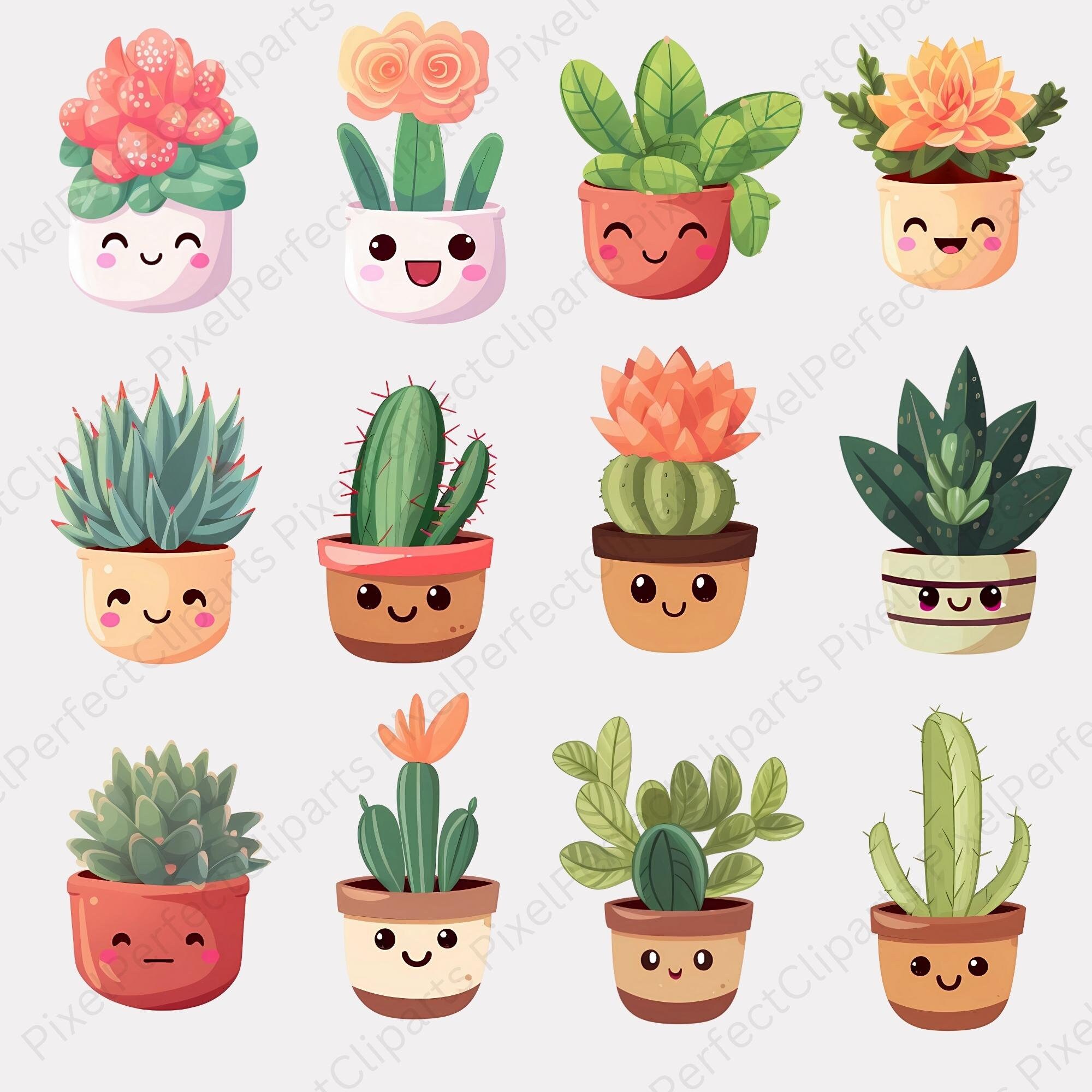 Cute Kawaii Cactus Plant Clipart PNG Pack of 40 Transparent Background ...