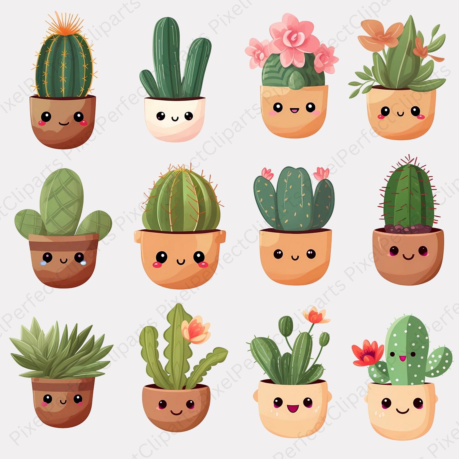 Cute Kawaii Cactus Plant Clipart PNG Pack of 40 Transparent Background ...