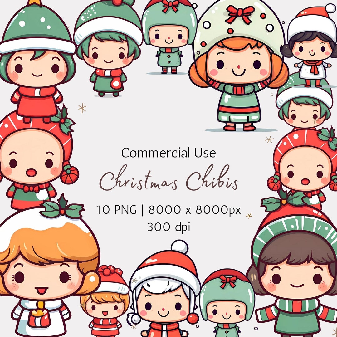 Cute Christmas Chibi Clipart PNG Pack of 10 Christmas Graphics - Etsy