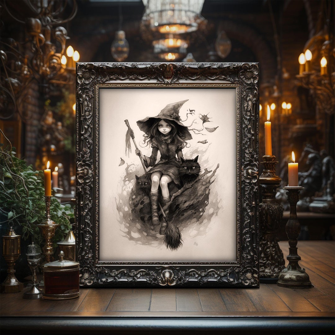 Beatrix the Witch With Cat Familiars | Dark Academia Wall Art Print ...