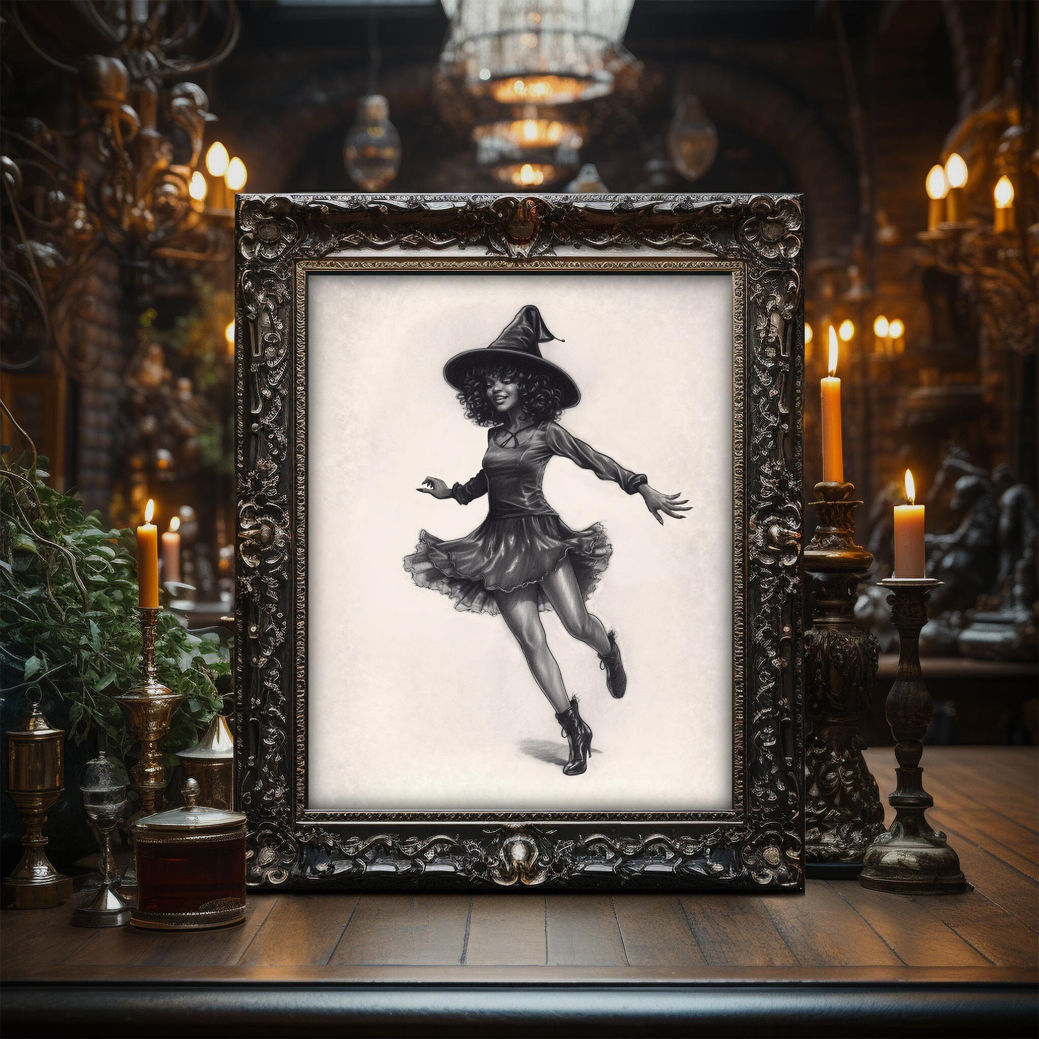 Frolicking Witch Dark Academia Wall Art Print Gothic Decor Black and ...
