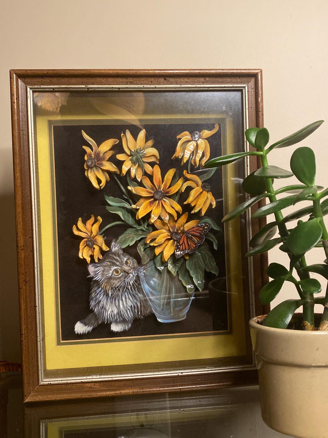Vintage 3D Layered Shadow Box Picture Photo Framed Sunflowers Cat ...