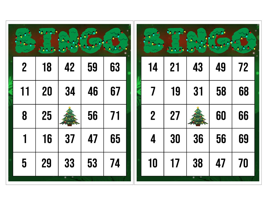 600 Christmas Tree Themed Bingo Cards Festive Green Tree Design Perfect ...