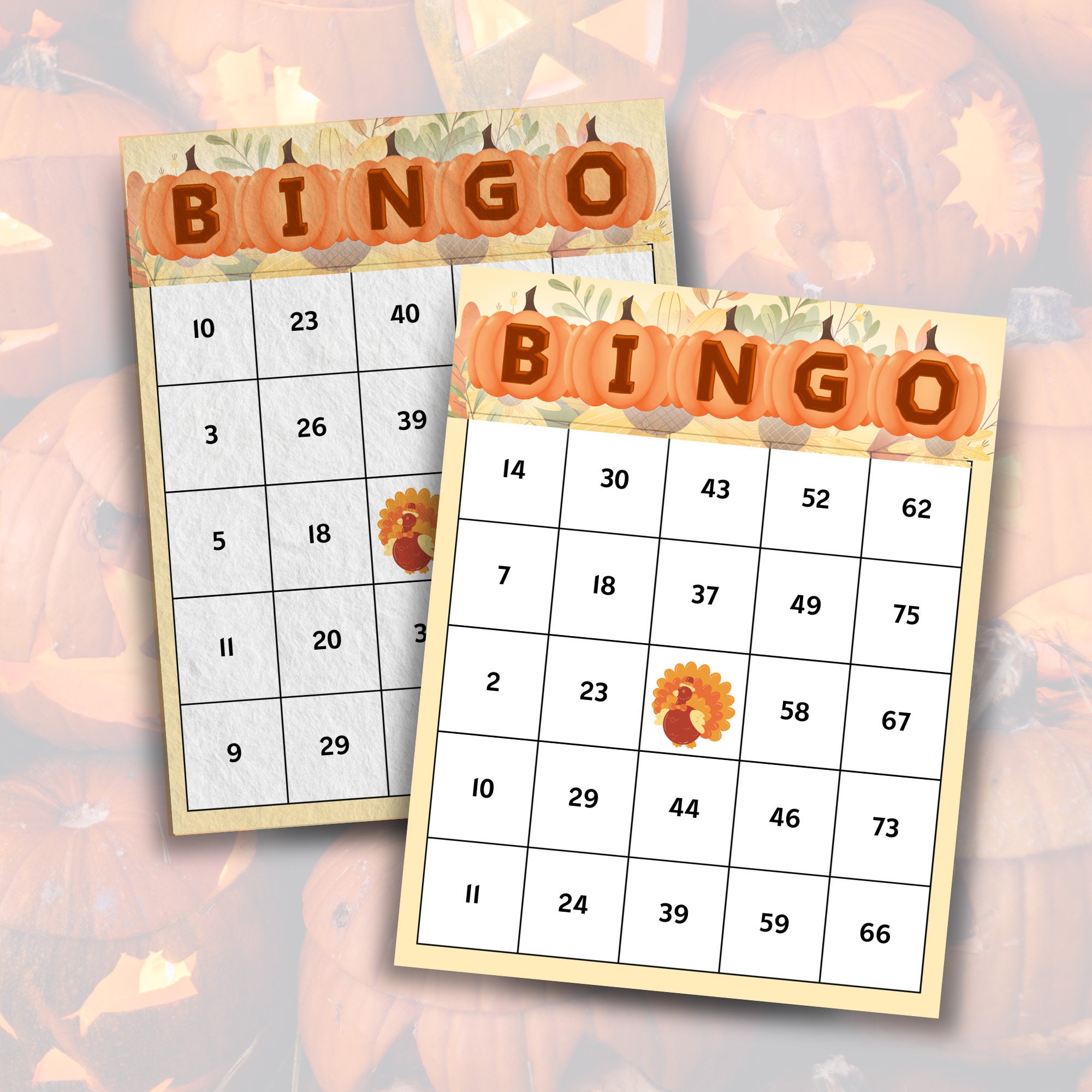 100 Pumpkin Bingo Cards, Autumn Leaves Design, 1/2/4/6 Cards per ...
