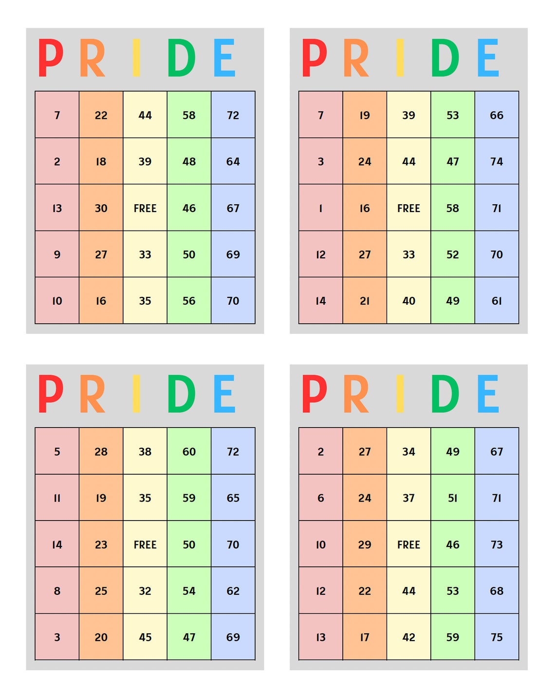 PRIDE Bingo Card Set, 100 Cards, 1/2/4/6 per Page, Perfect for Party ...