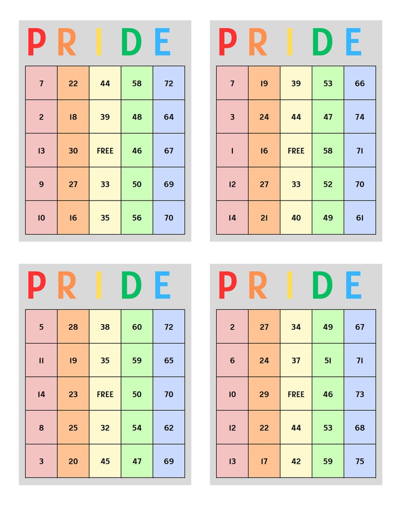 PRIDE Bingo Card Set, 100 Cards, 1/2/4/6 per Page, Perfect for Party ...