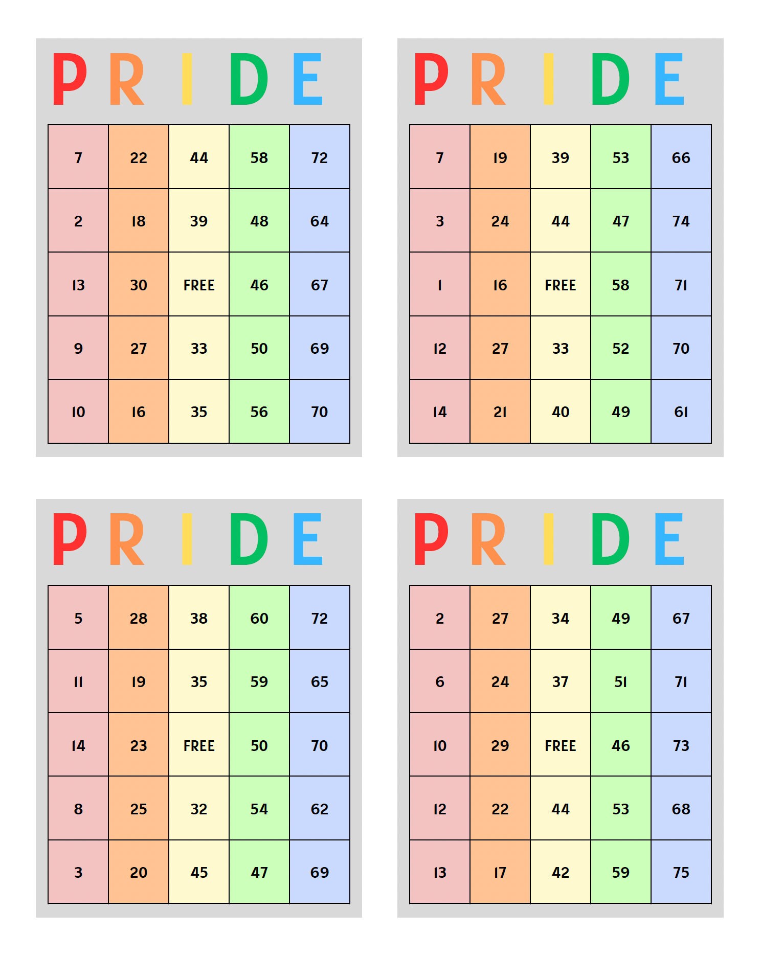 PRIDE Bingo Card Set, 100 Cards, 1/2/4/6 per Page, Perfect for Party ...