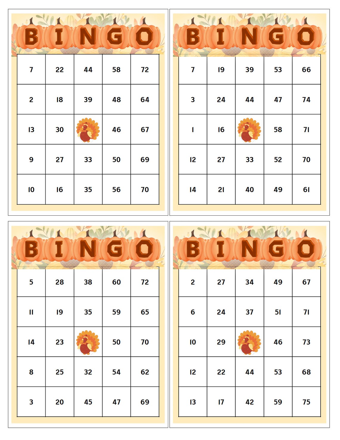 100 Pumpkin Bingo Cards, Autumn Leaves Design, 1/2/4/6 Cards per ...