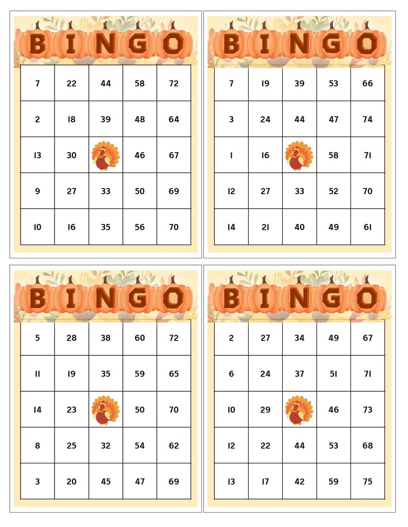 100 Pumpkin Bingo Cards, Autumn Leaves Design, 1/2/4/6 Cards per ...