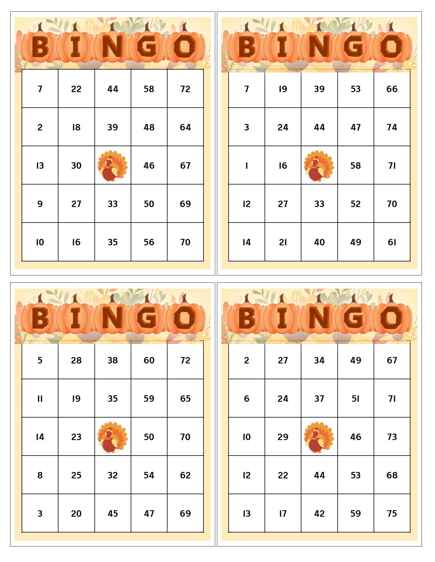 100 Pumpkin Bingo Cards, Autumn Leaves Design, 1/2/4/6 Cards per ...