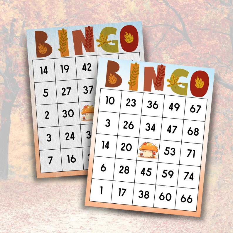 Autumn Leaves and Mushroom Bingo Cards | Fall Party Game | 1/2/4/6 Sets ...