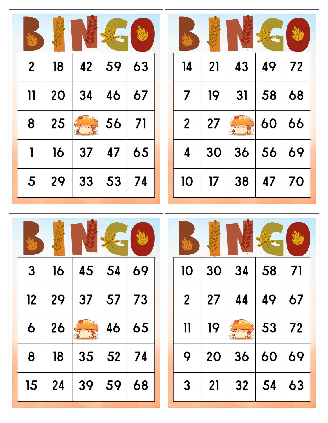Autumn Leaves & Mushroom Bingo Game: Fall Party (digital Download) - Etsy