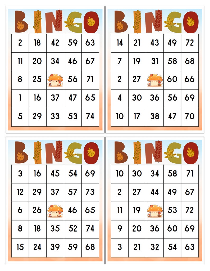 Autumn Leaves and Mushroom Bingo Cards | Fall Party Game | 1/2/4/6 Sets ...
