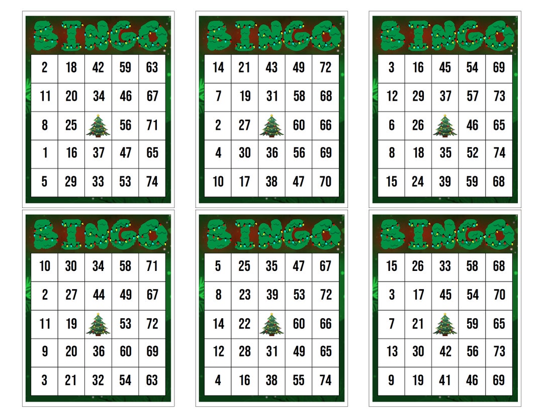 600 Christmas Tree Themed Bingo Cards - Festive Green Tree Design ...