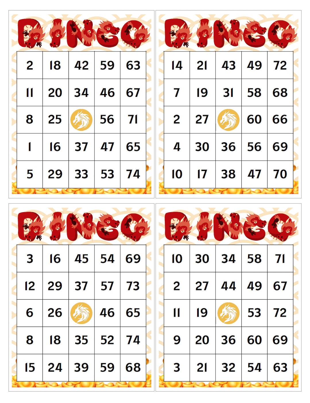 100 Year of the Dragon Bingo Cards - Chinese New Year Celebration Game ...