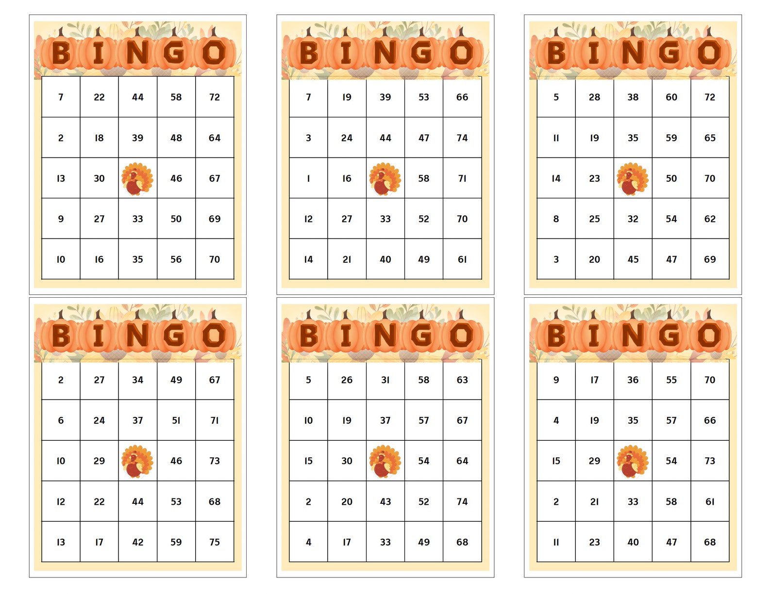 100 Pumpkin Bingo Cards, Autumn Leaves Design, 1/2/4/6 Cards per ...