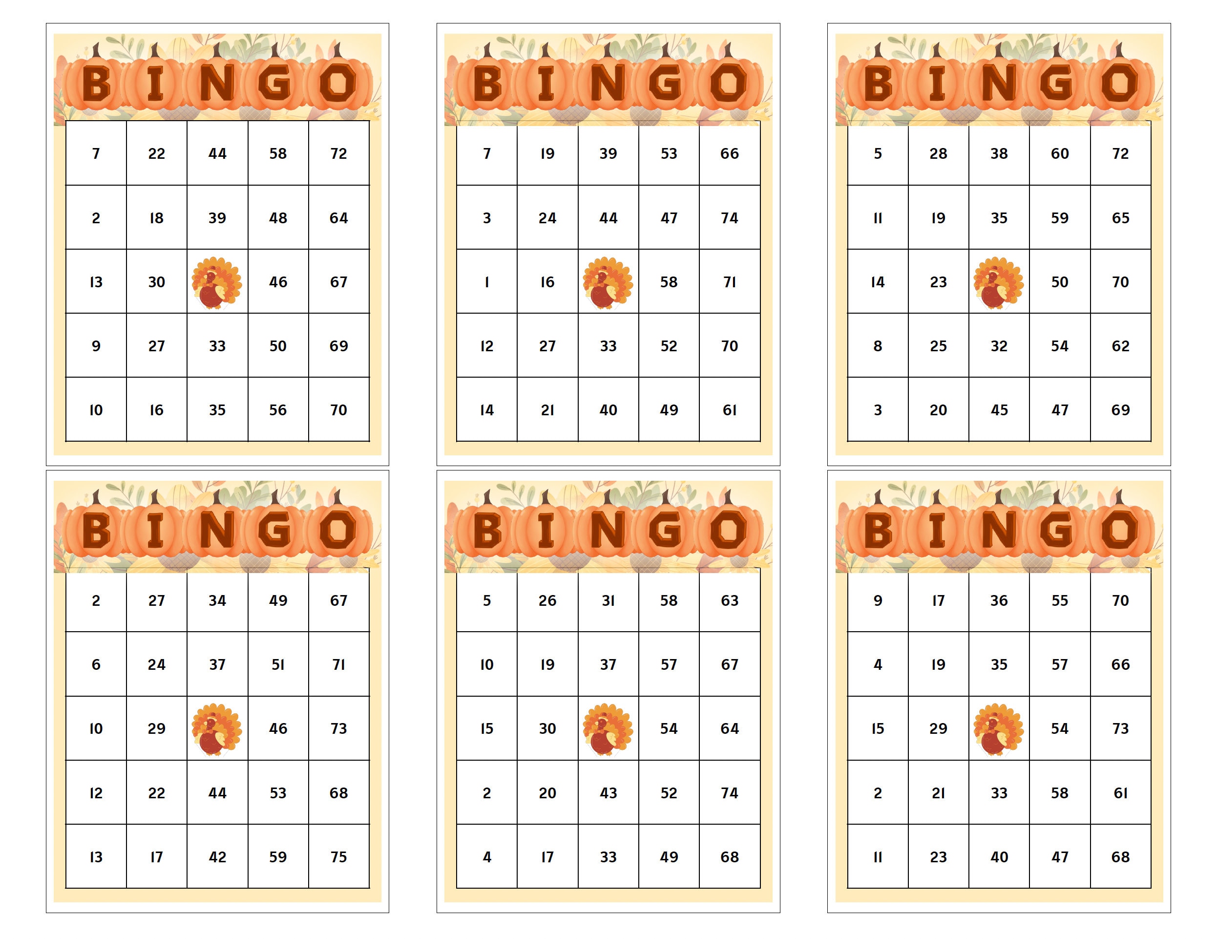 100 Pumpkin Bingo Cards, Autumn Leaves Design, 1/2/4/6 Cards per ...