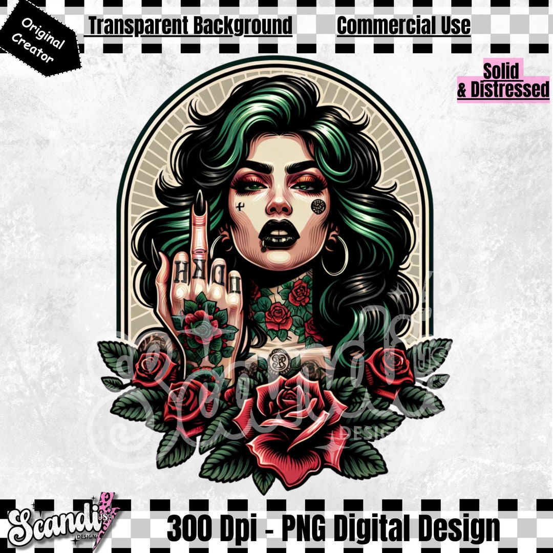 Middle Finger Respectfully PNG Tattooed Girl, Retro Sassy Design ...