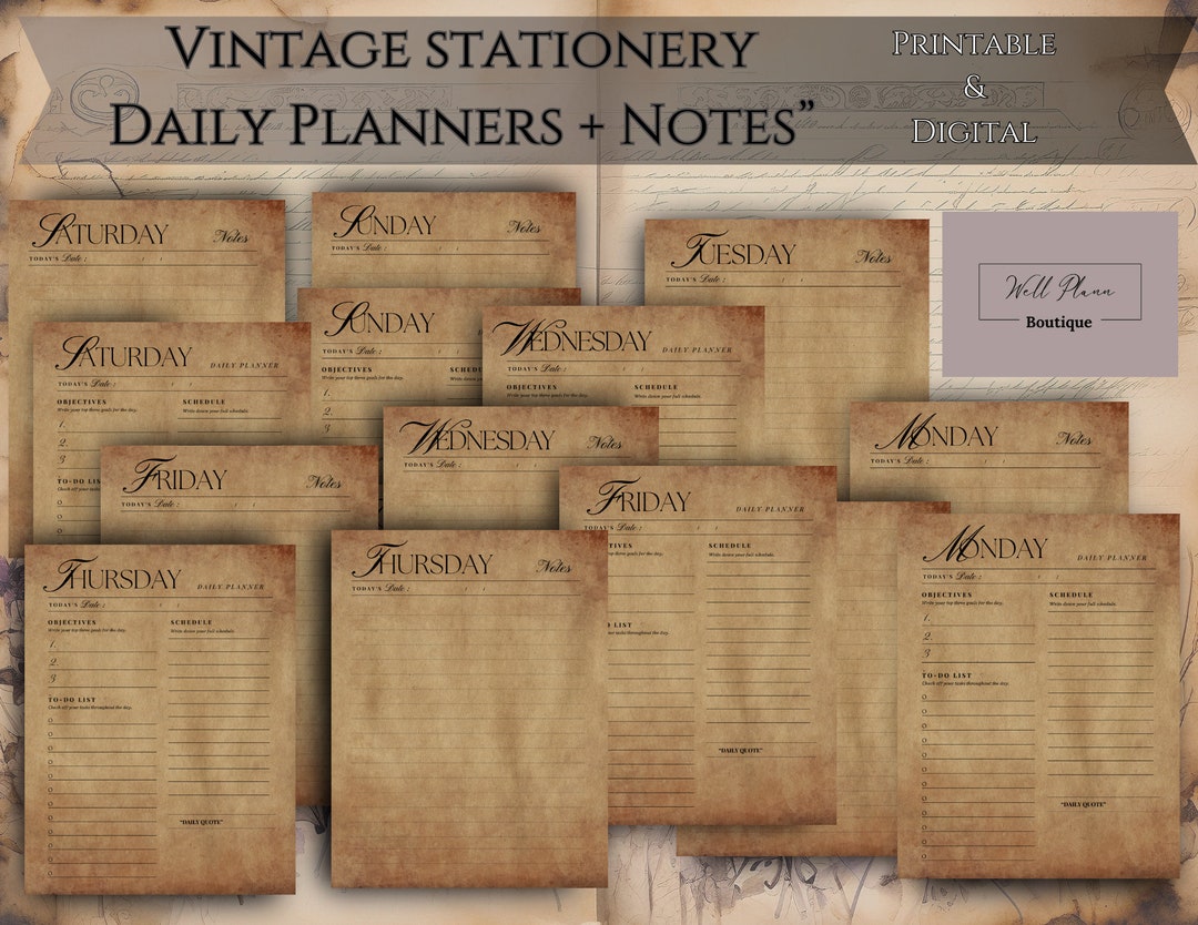 Vintage Stationery Daily Planner Set, PDF for Printing + JPG for ...