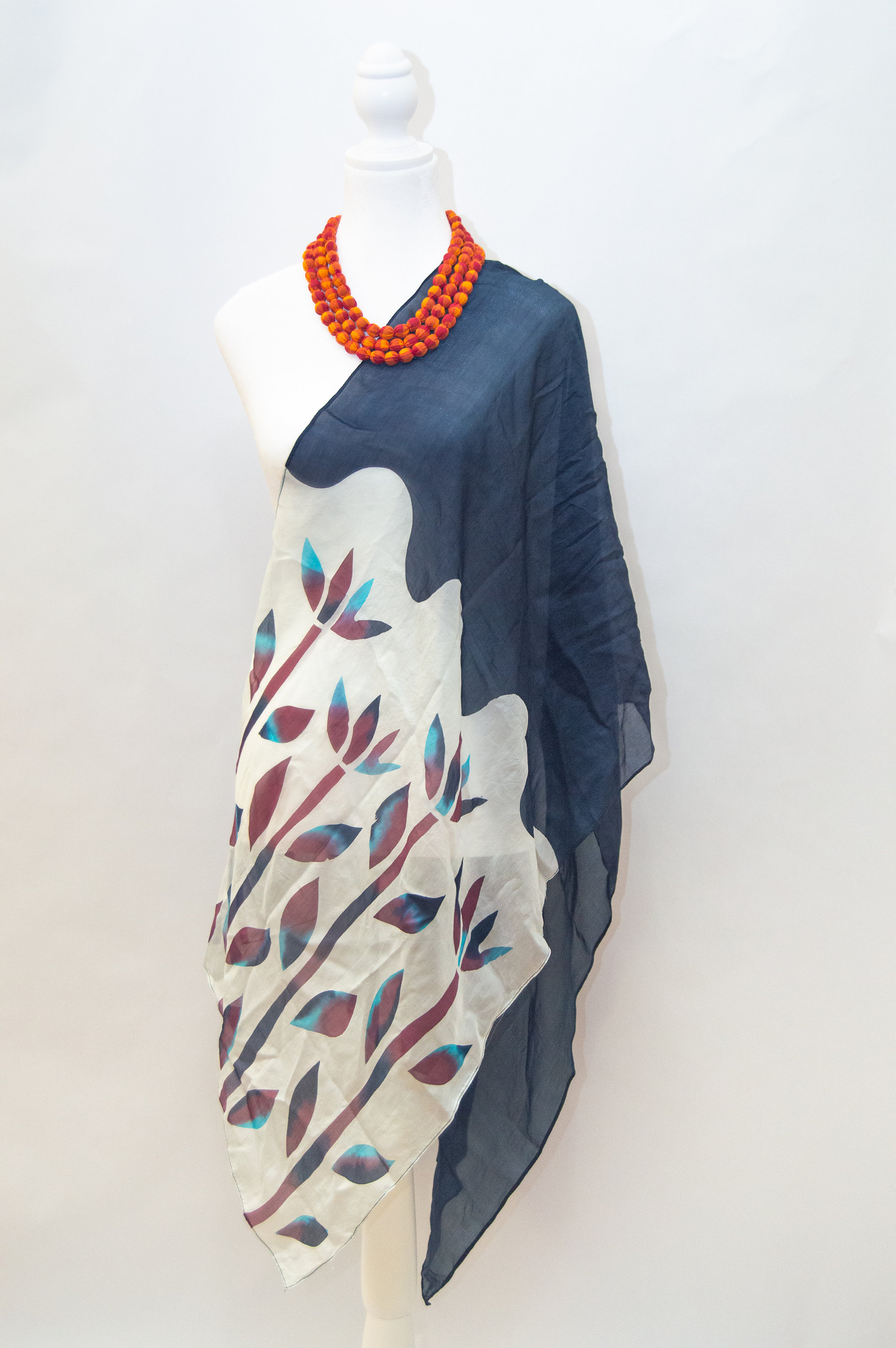 Luxury Navy Blue and White Scarf With Leafy Motifs, Made From ...