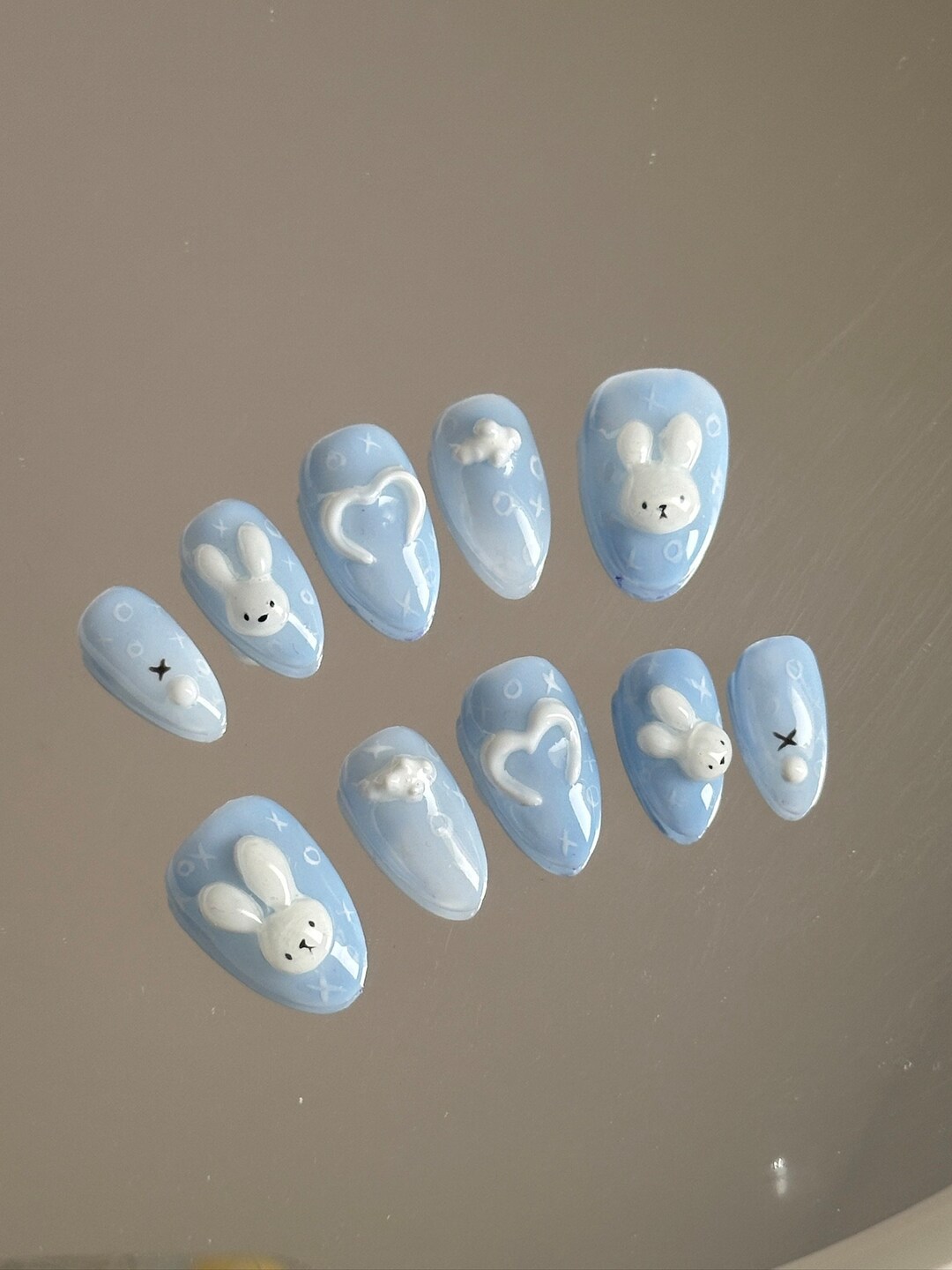 Kawaii White Rabbit Nail Press Ons Cute 3D Bunny Nail Press Ons Light ...