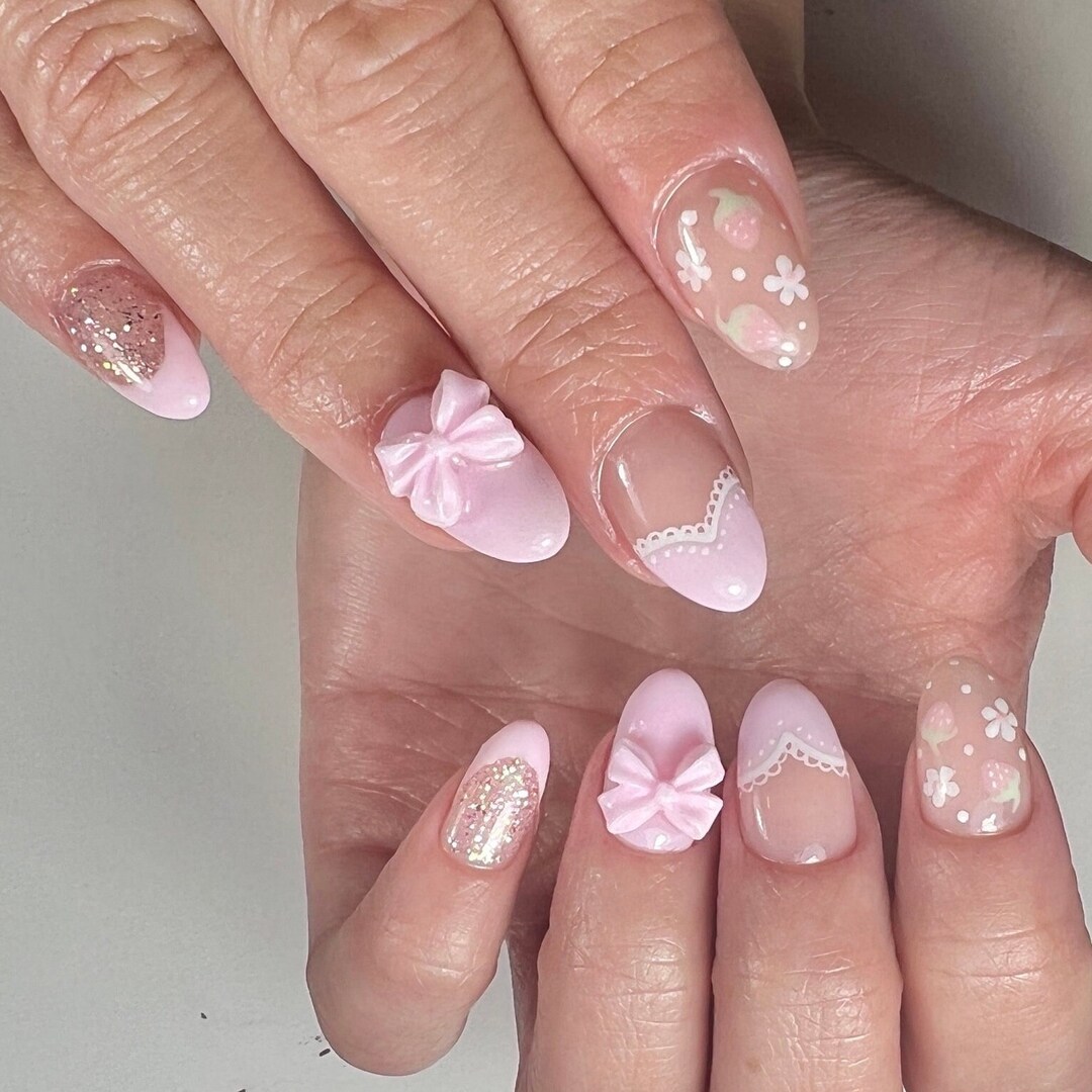 Reusable 3D Pretty Pink Princess Nail Press Ons, Cute Kawaii Nails ...