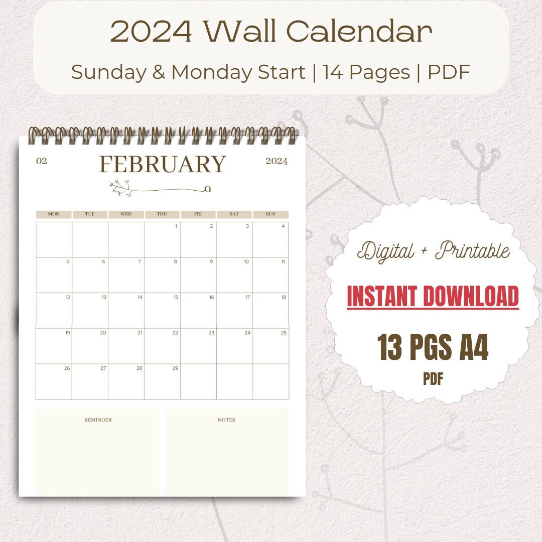 Digital Printable 2024 Yearly Calendar Digital Monthly Planner Digital ...