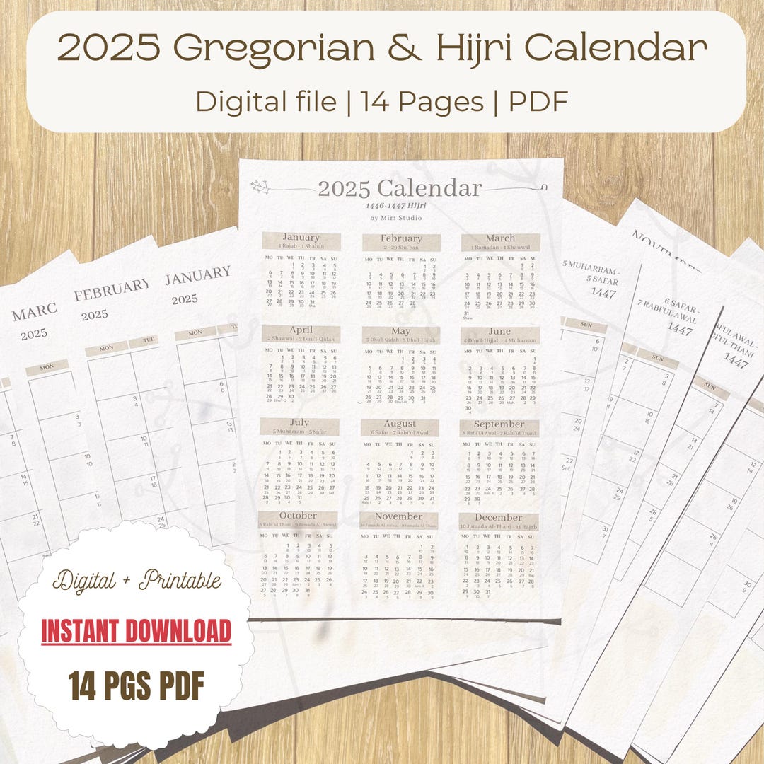 Digital Printable 2025 Yearly Calendar With Islamic Hijri Calendar ...