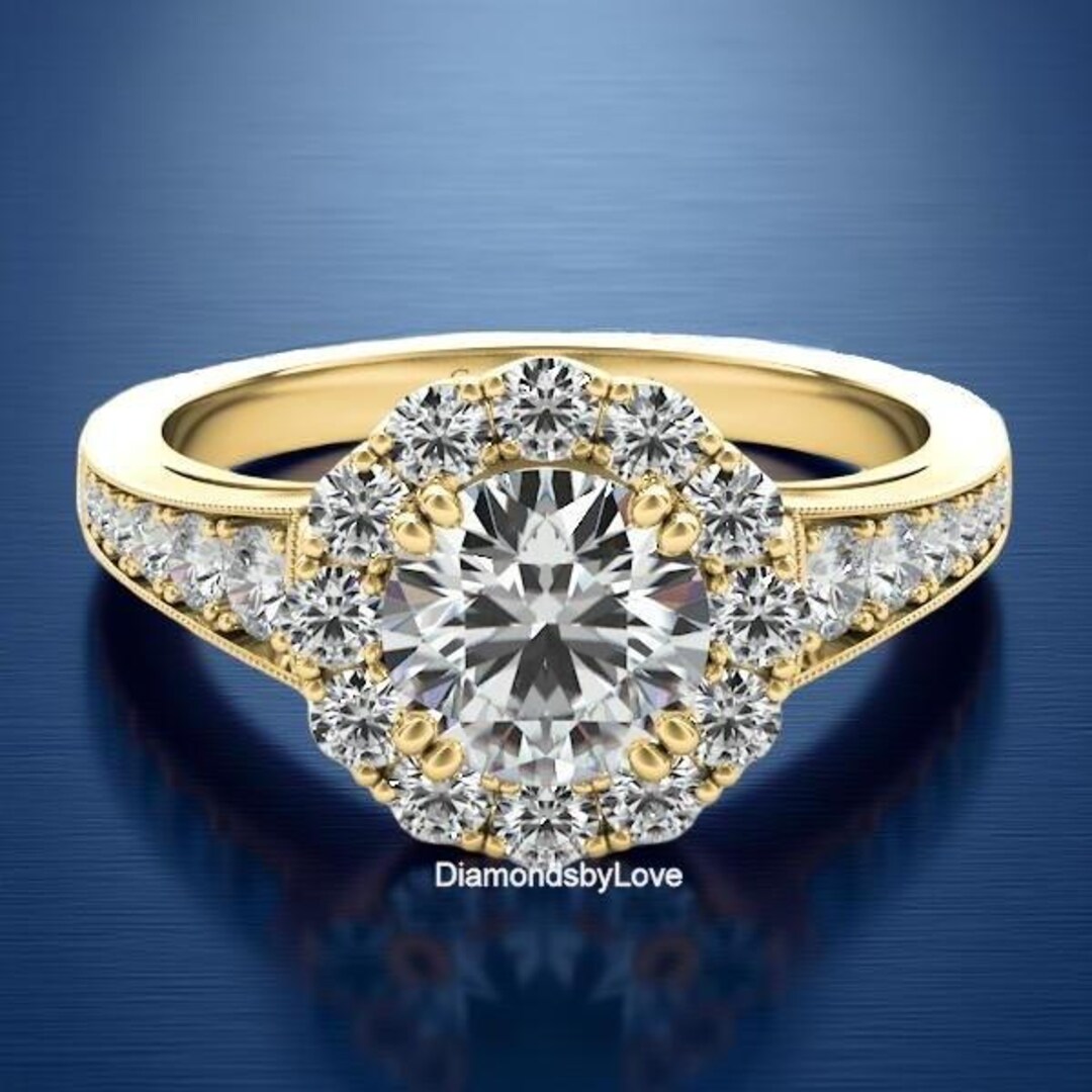 U Prong Set Halo Diamond in 14k Yellow Gold Ring, 7.00 MM Round Cut ...