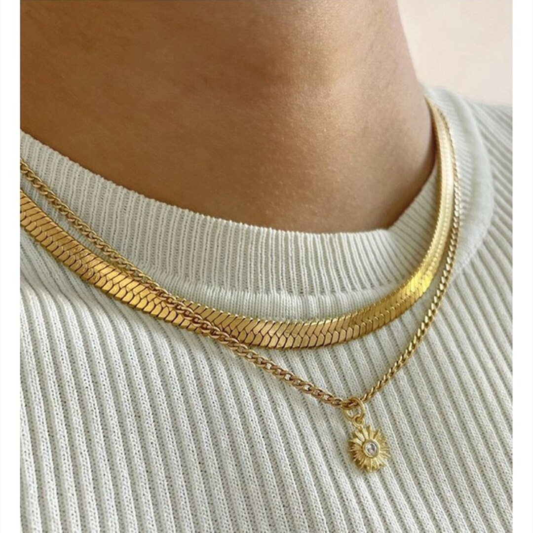 Snake Bone Necklace, 14K Gold Plated, Wide and Flat, Trendy and ...