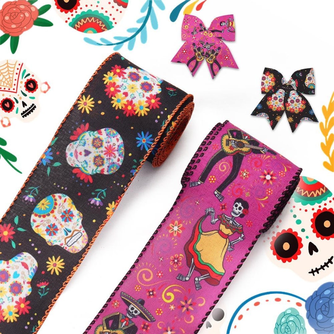 2 Rolls Mexican Days of the Dead Ribbons for Wreath Bows, Mexican Wired ...