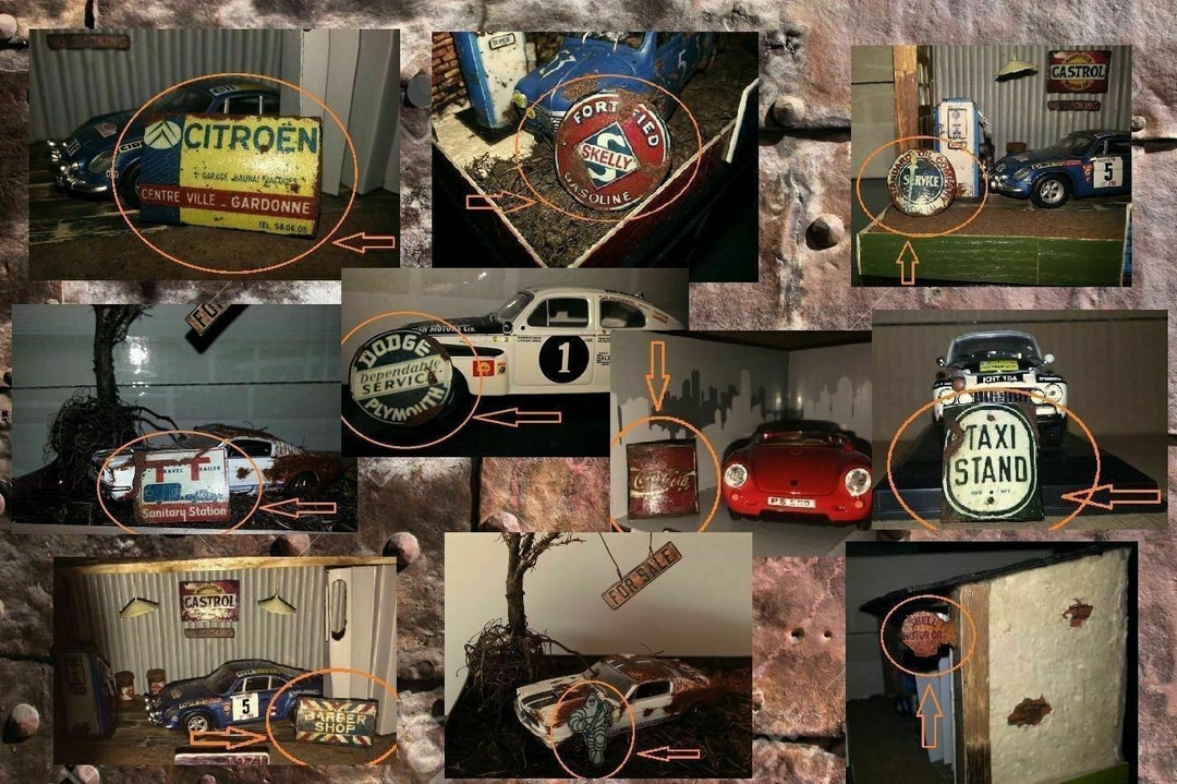 Pack of 10 Diorama Garage Metal Signs - Choose Scale: 1/18, 1/32, 1/43 ...