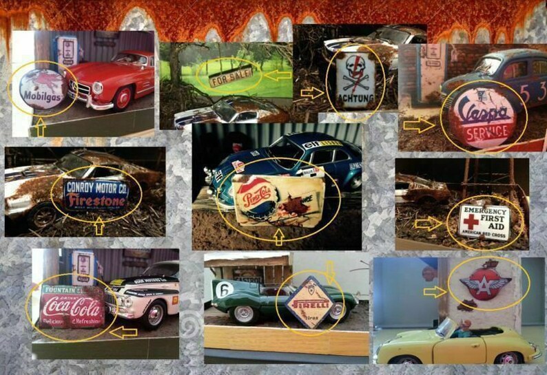 10 X Diorama Garage Metal Signs Choose Scale: 1/18, 1/32 , 1/43 or 1/64 ...