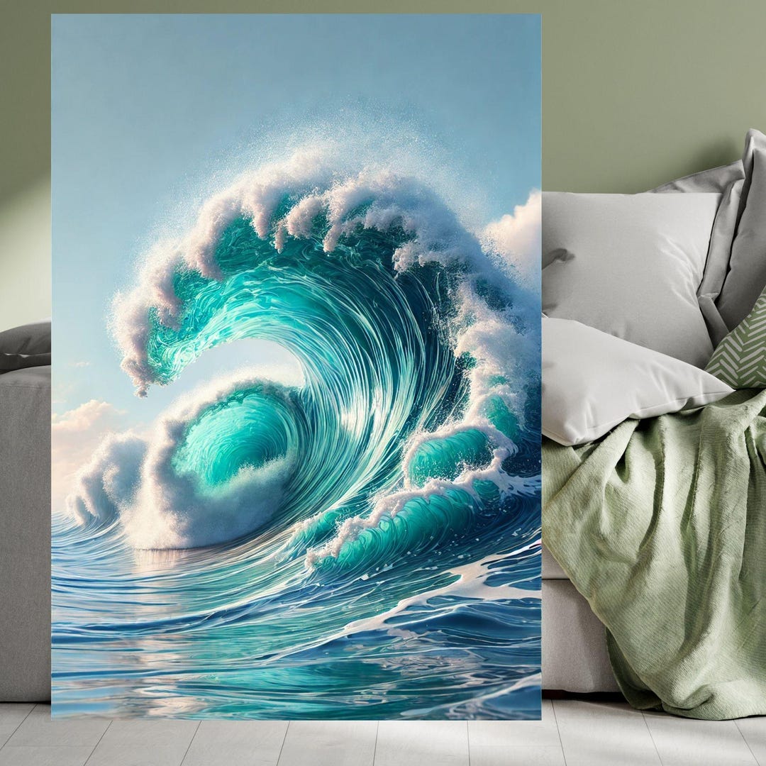 Dynamic Ocean Wave Wall Art Realistic Turquoise Sea Painting Vertical ...